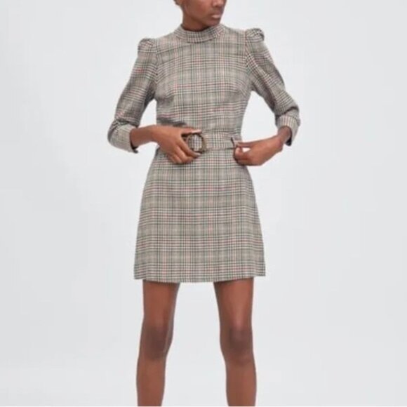 Zara | Dresses | Zara Brown Checked Checkered Belted Belt Dress ...